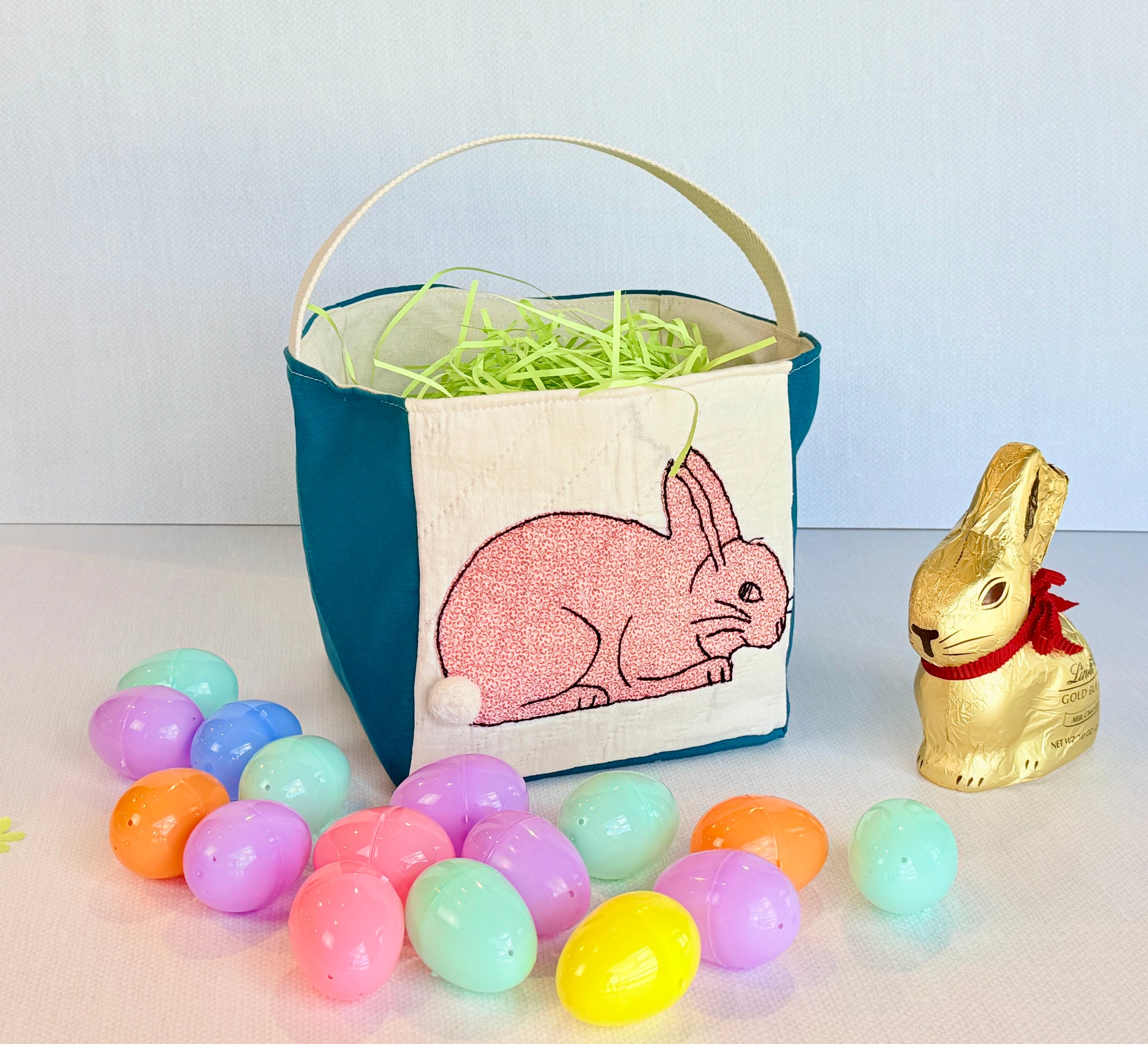 Bunny Basket with Feed Sack Appliqué | Canvas Lined Storage Basket
